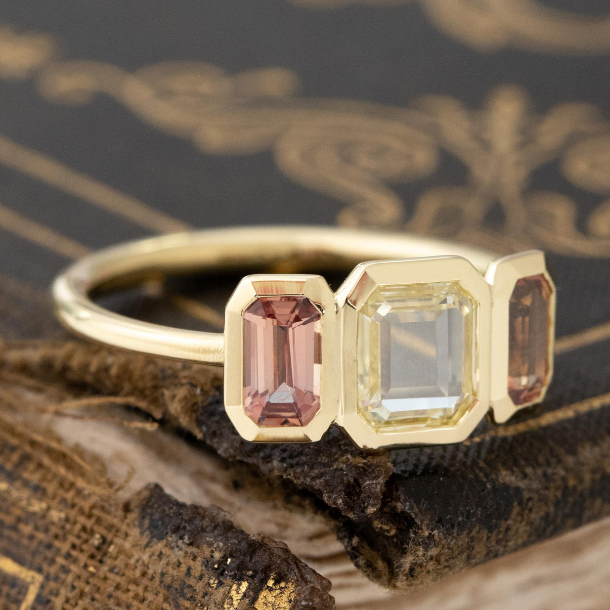 1.33ctw Portrait Cut Diamond & Sapphire Trilogy Ring