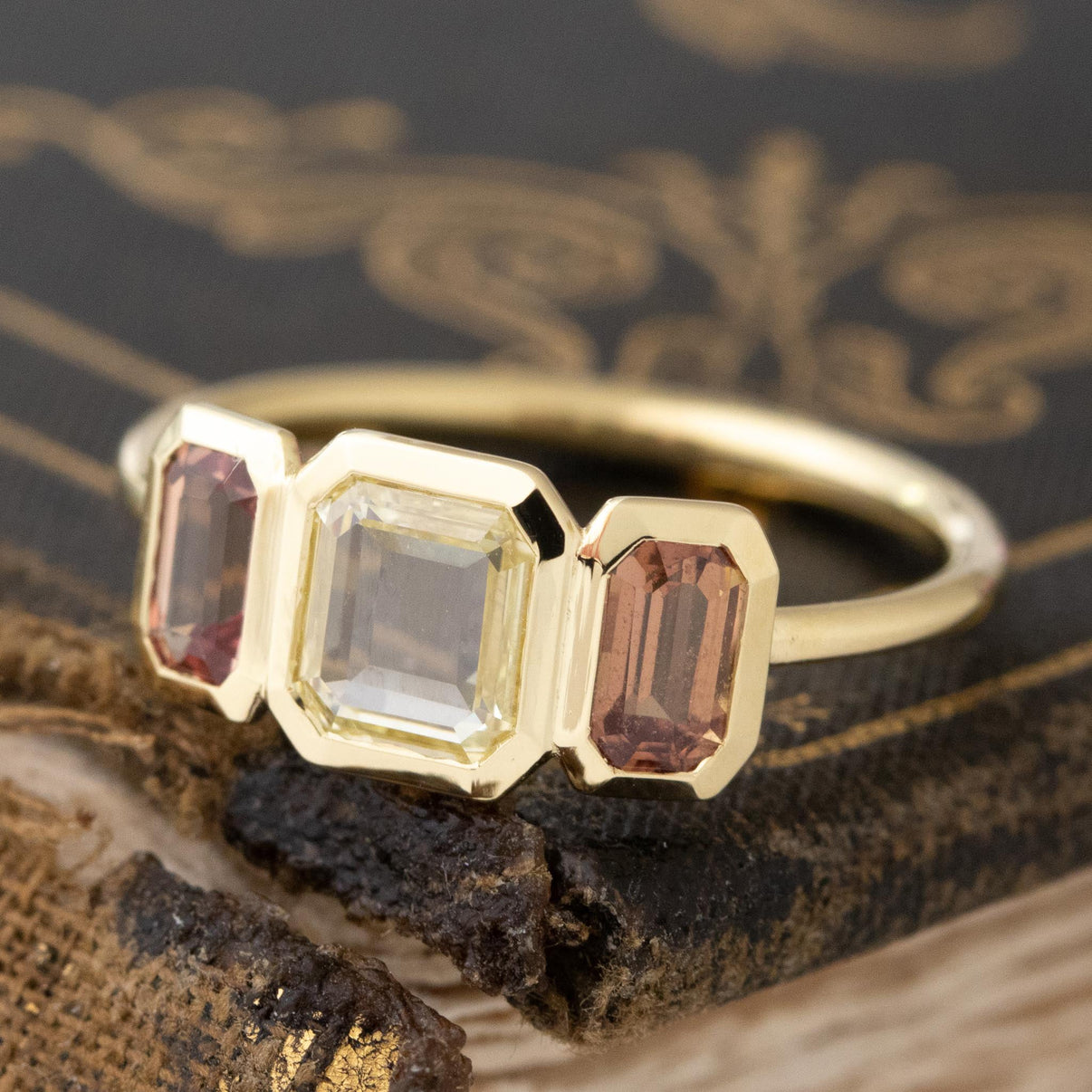 1.33ctw Portrait Cut Diamond & Sapphire Trilogy Ring