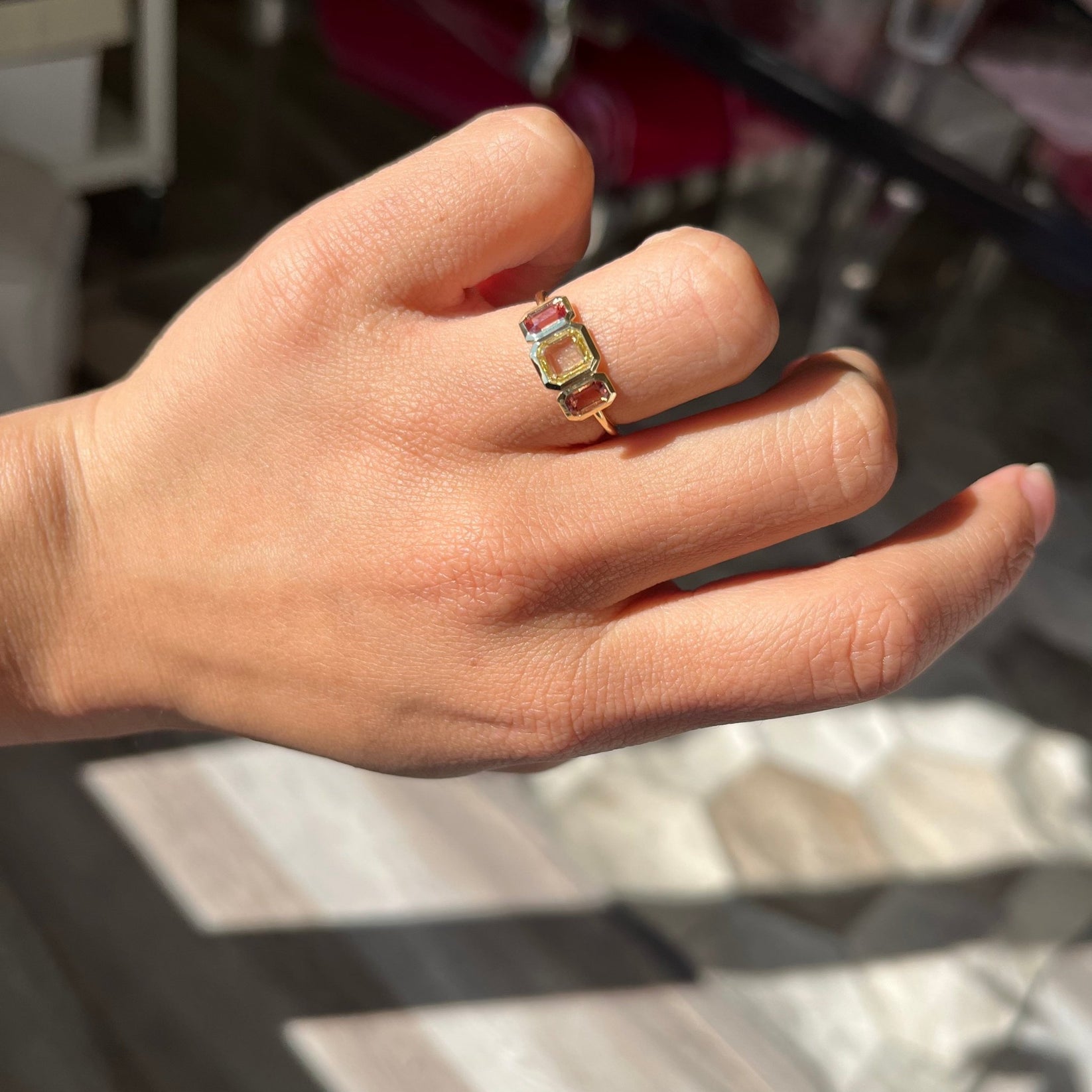 1.33ctw Portrait Cut Diamond & Sapphire Trilogy Ring