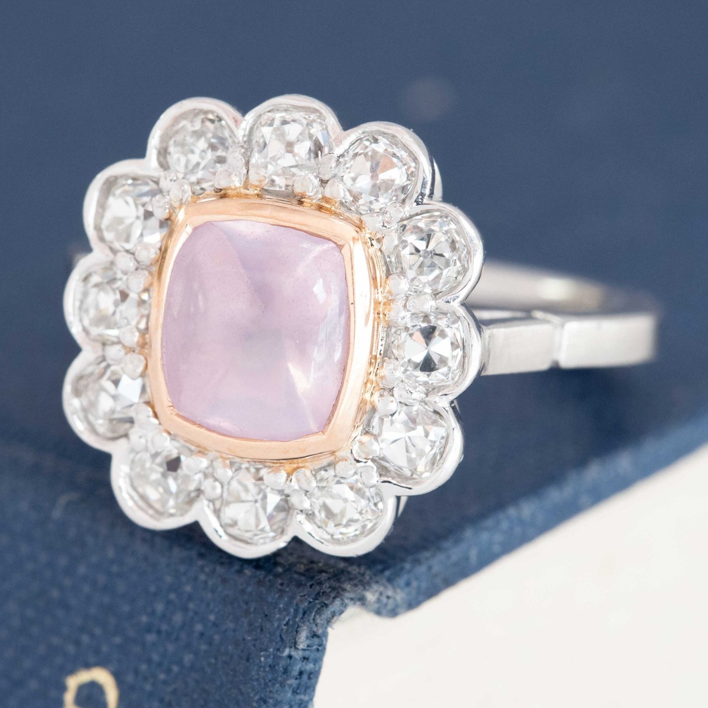 3.92ctw Pink Sugarloaf Sapphire & Old Mine Cut Diamond Cluster Ring