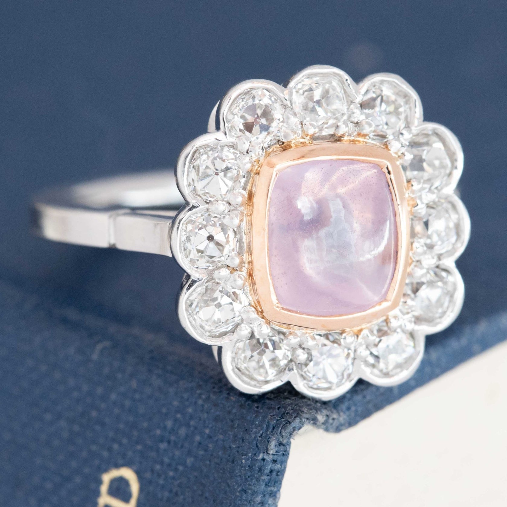 3.92ctw Pink Sugarloaf Sapphire & Old Mine Cut Diamond Cluster Ring